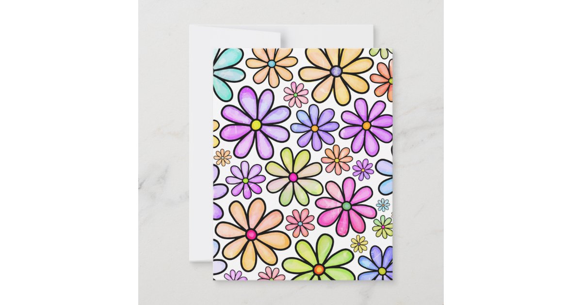 Watercolor Rainbow Doodle Daisy Flower Pattern Note Card | Zazzle