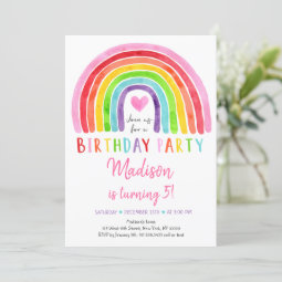 Watercolor Rainbow Heart Birthday Invitation | Zazzle