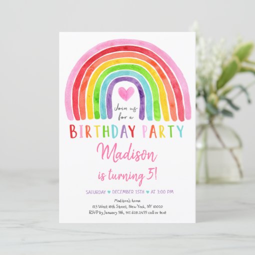 Watercolor Rainbow Heart Birthday Invitation | Zazzle