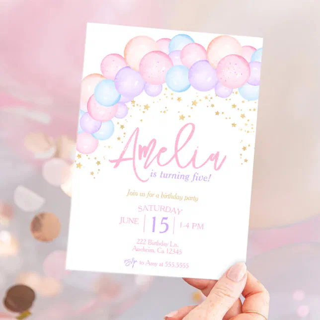 Watercolor rainbow pastel balloon arch birthday invitation | Zazzle