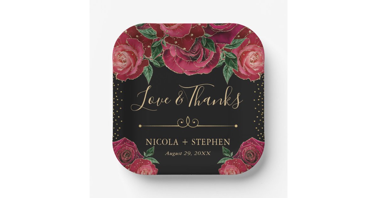 Watercolor Red and Gold Glam Roses Wedding Paper Plates | Zazzle