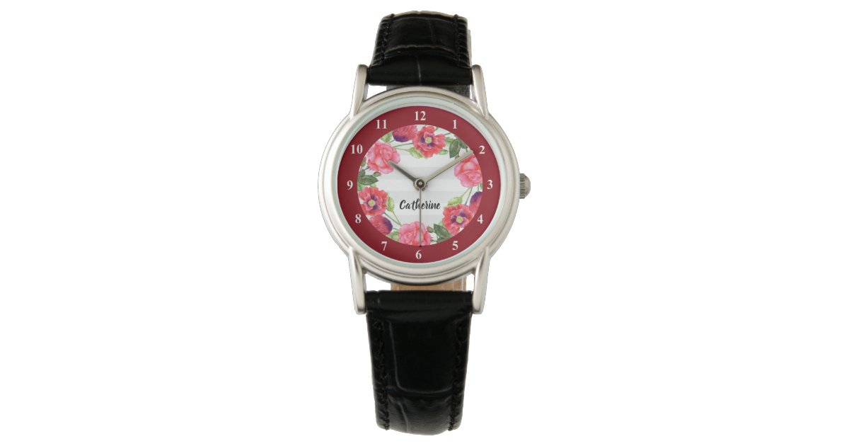 Watercolor Red and Pink Flowers Wreath Circle Watch | Zazzle