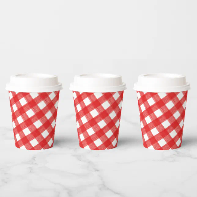 Watercolor Red and White Plaid Paper Cup with Lid | Zazzle