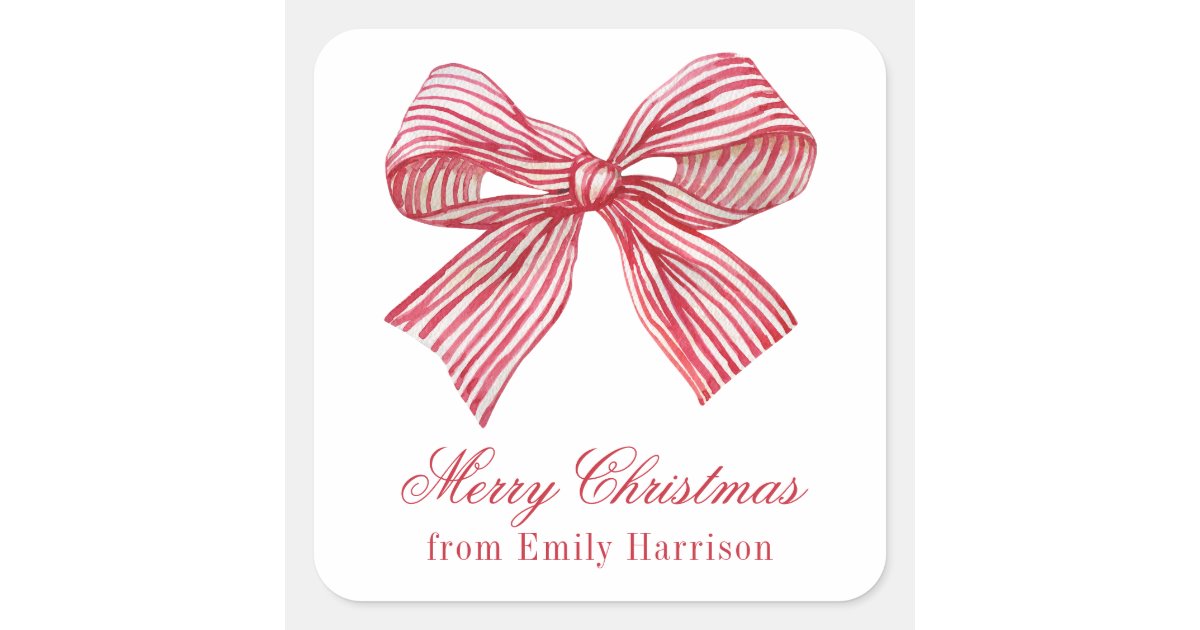 Watercolor Red and White Striped Bow Square Sticker | Zazzle