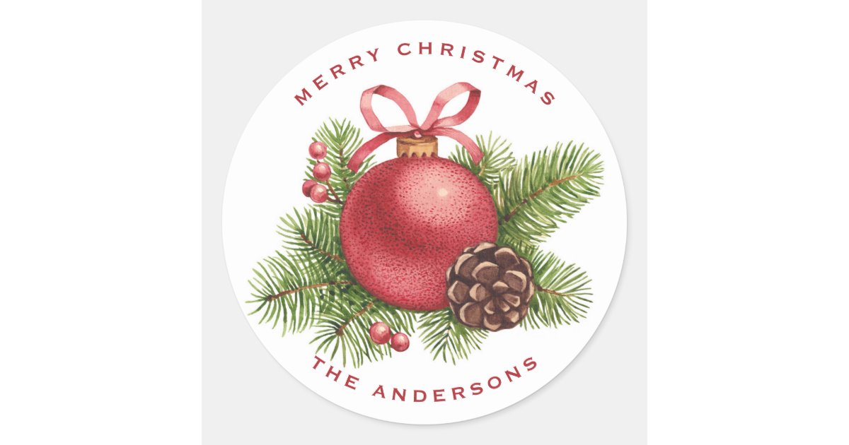Watercolor Red Ball Ornament Merry Christmas Classic Round Sticker | Zazzle