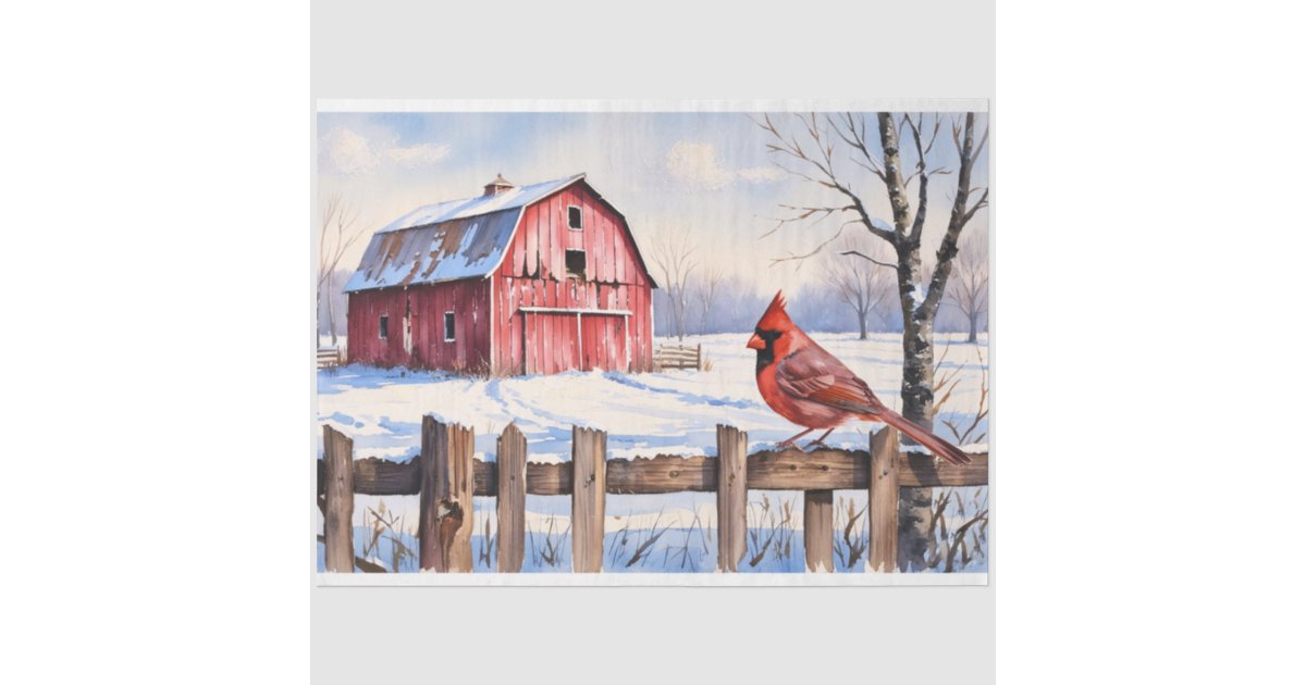 Watercolor Red Barn and Cardinal Winter Decoupage Tissue Paper | Zazzle