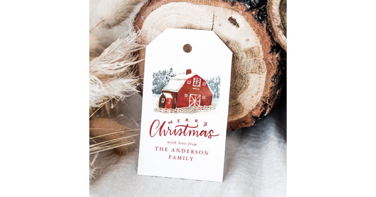 Watercolor Red Barn Winter Scene Holiday Gift Tags | Zazzle