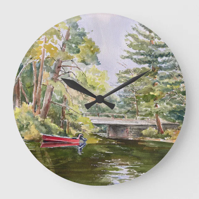 Watercolor Red Boat Fishing Lake Wall Clock | Zazzle