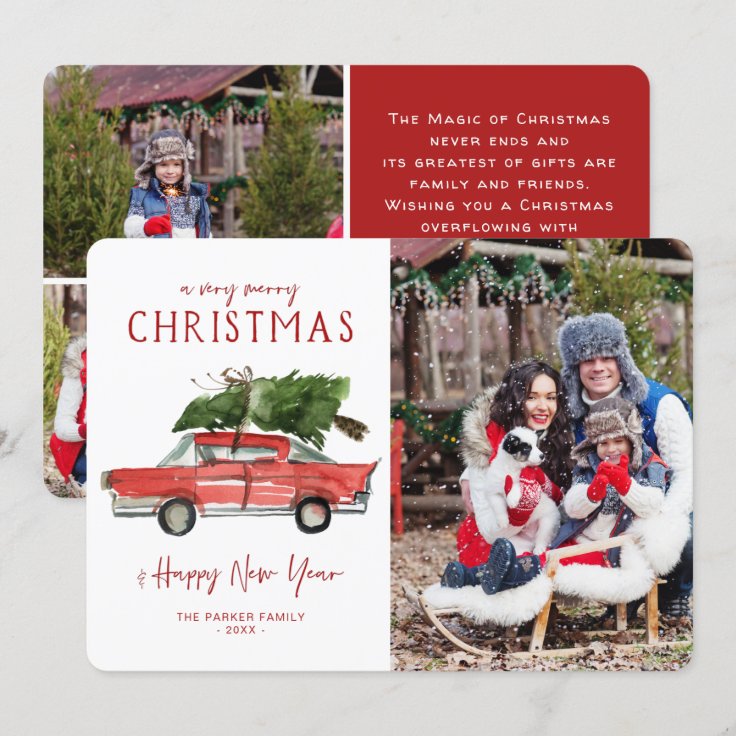 Watercolor Red Car | Christmas Holiday Photo Card | Zazzle