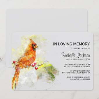 Watercolor Red Cardinal Bird Funeral Memorial Invitation | Zazzle