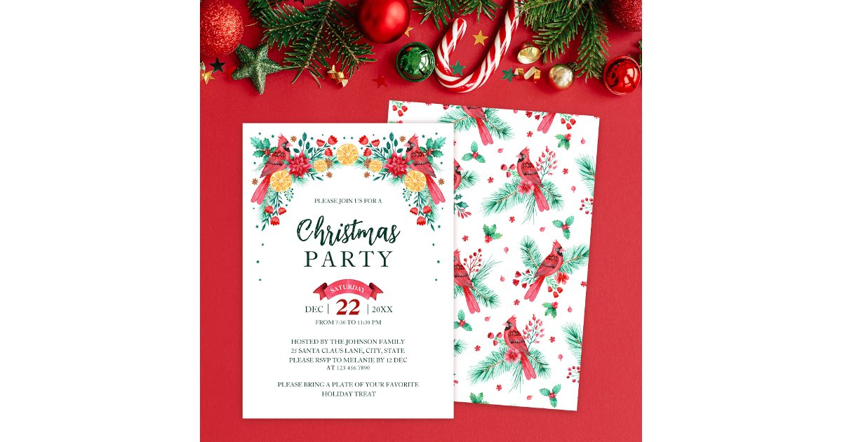 Watercolor Red Cardinal Birds Christmas Party Invitation | Zazzle