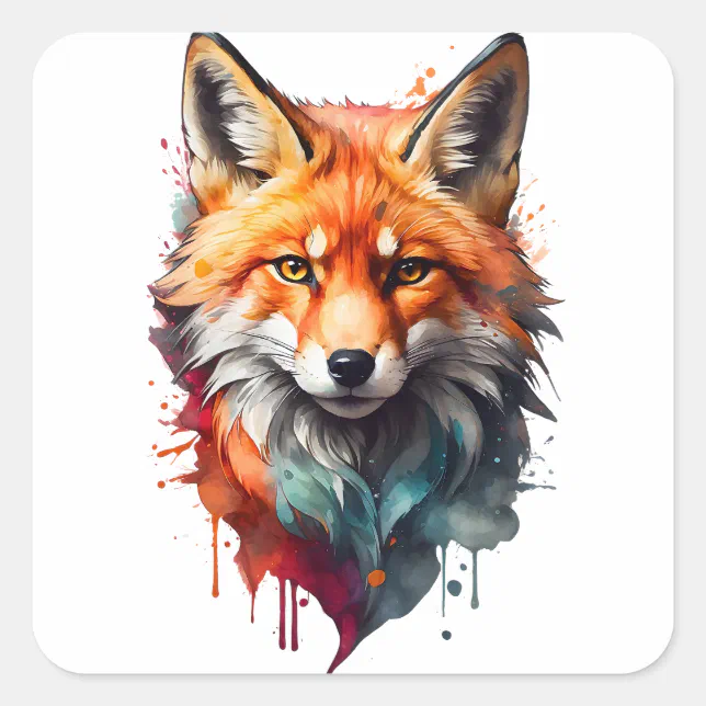Watercolor Red Fox Splatter Portrait Ink Splash Square Sticker | Zazzle