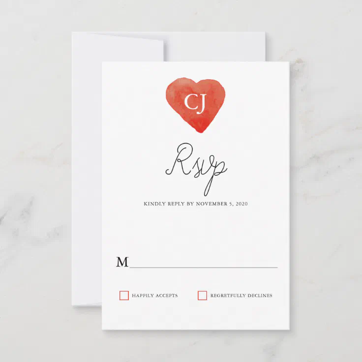 Watercolor Red Heart Wedding RSVP Card | Zazzle