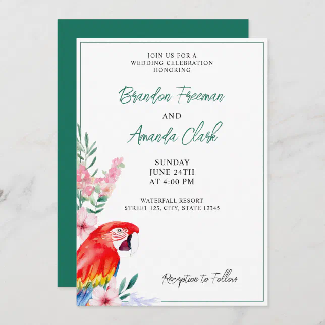 Watercolor Red Parrot Floral Wedding Invitation | Zazzle