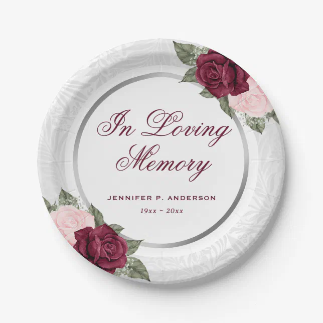 Watercolor Red Pink Floral Memorial Funeral Paper Plates | Zazzle