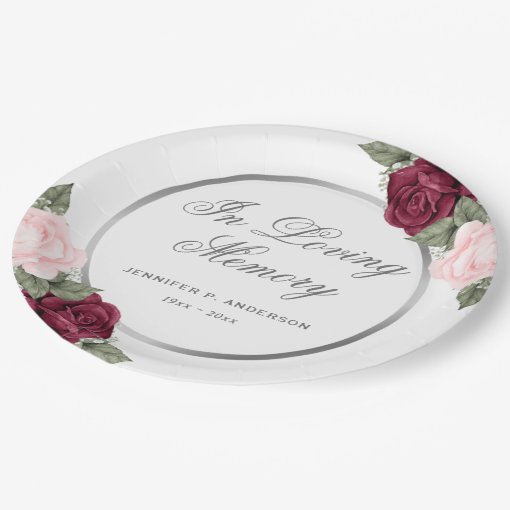 Watercolor Red Pink Silver Floral Memorial Funeral Paper Plates | Zazzle