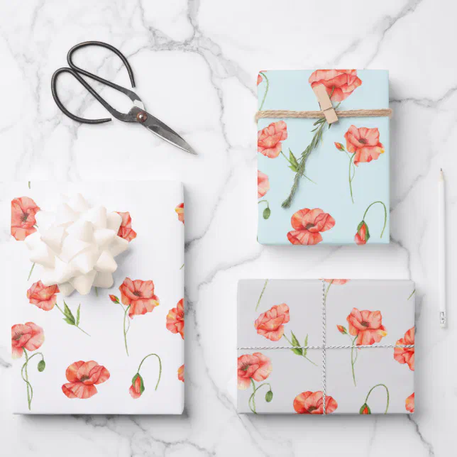 Watercolor Red Poppy Flowers Floral Wrapping Paper Sheets | Zazzle