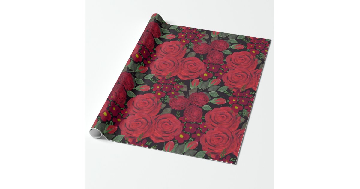 Watercolor red roses on black, wrapping paper | Zazzle