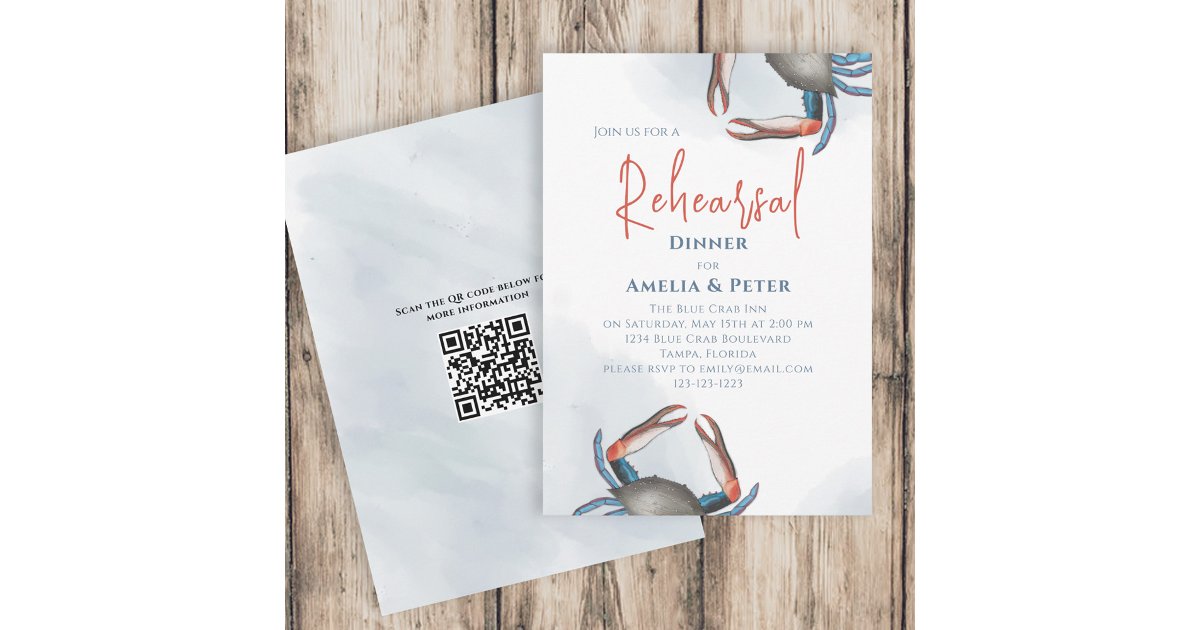 Watercolor Rehearsal Dinner Blue Crab Sea QR Code Invitation | Zazzle