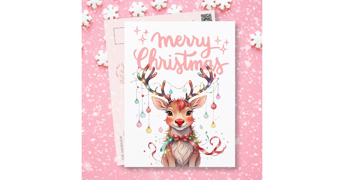 Watercolor Reindeer Rudolph and Christmas Lights Postcard | Zazzle