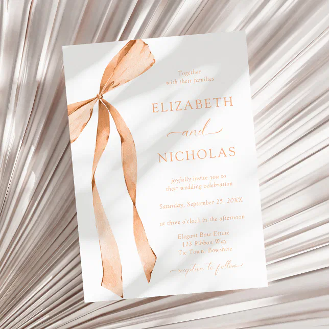 Watercolor Ribbon Bow Apricot Orange Wedding Invitation | Zazzle