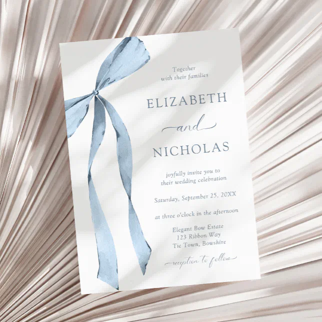 Watercolor Ribbon Bow Dusty Blue Wedding Invitation | Zazzle