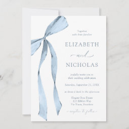 Watercolor Ribbon Bow Dusty Blue Wedding Invitation | Zazzle