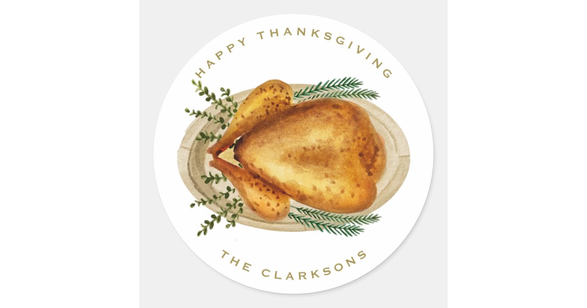 Watercolor Roasted Turkey Dinner Thanksgiving Classic Round Sticker ...