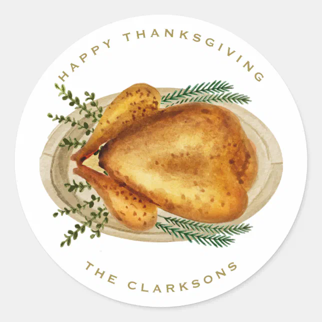 Watercolor Roasted Turkey Dinner Thanksgiving Classic Round Sticker ...