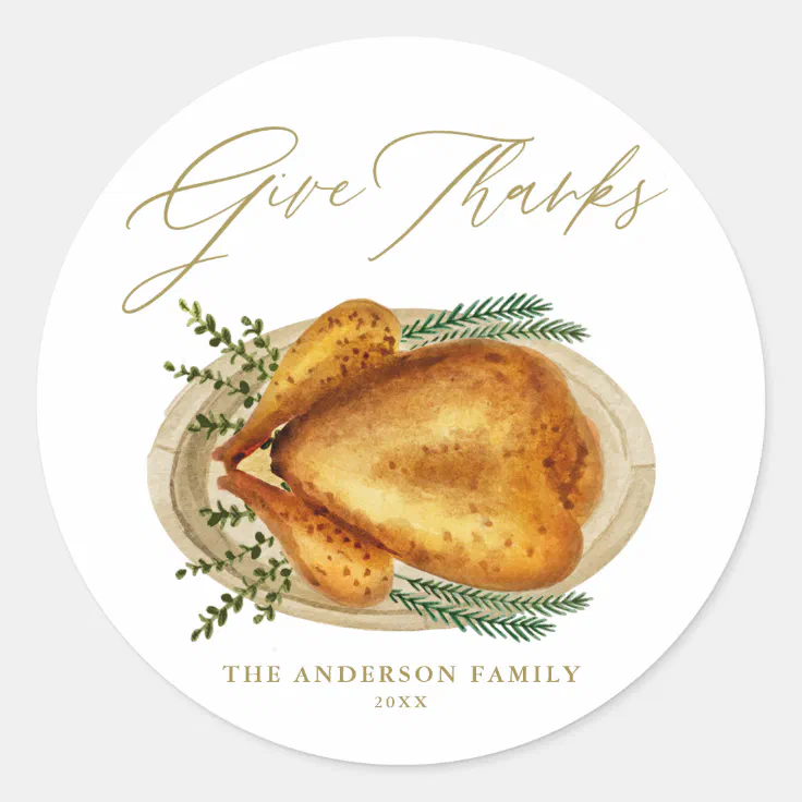 Watercolor Roasted Turkey Thanksgiving Thank You Classic Round Sticker ...