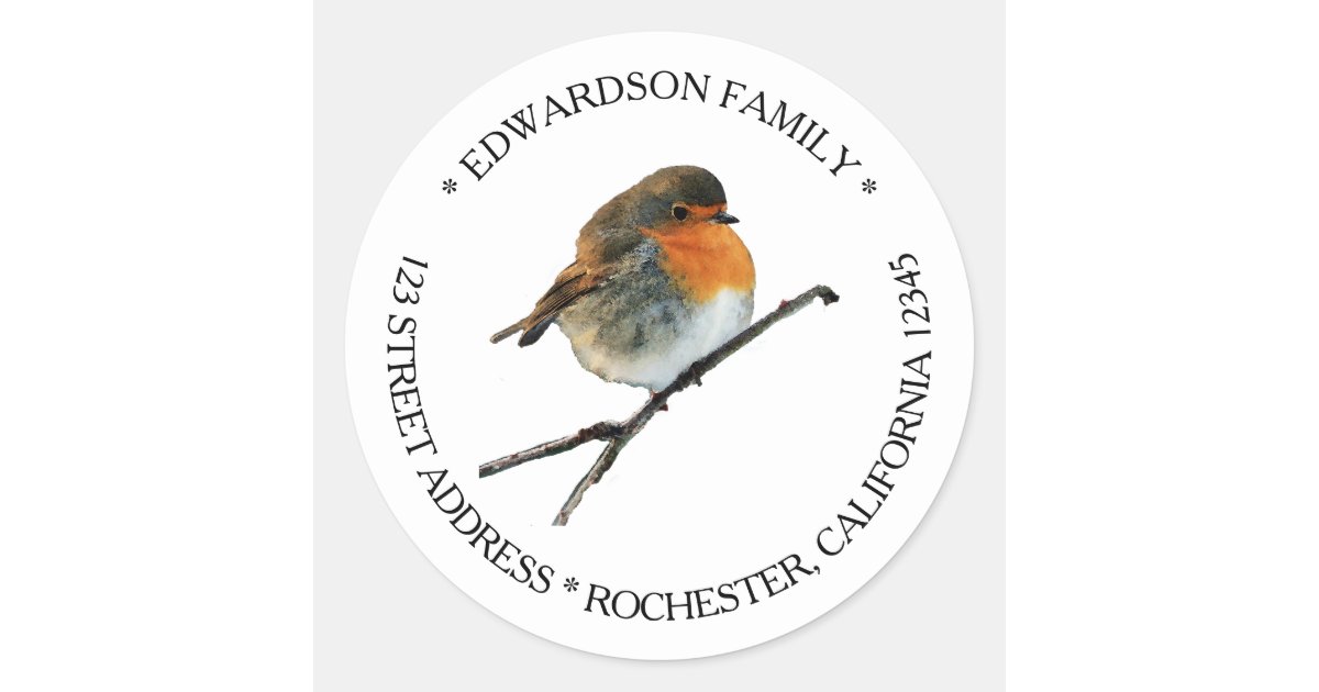 Watercolor Robin bird family name return address Classic Round Sticker ...
