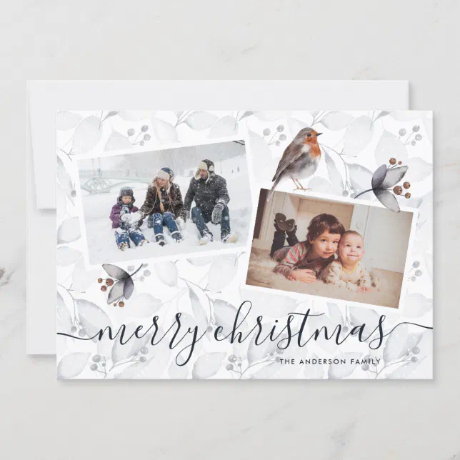 Watercolor Robin Bird Photo Merry Christmas Cards | Zazzle