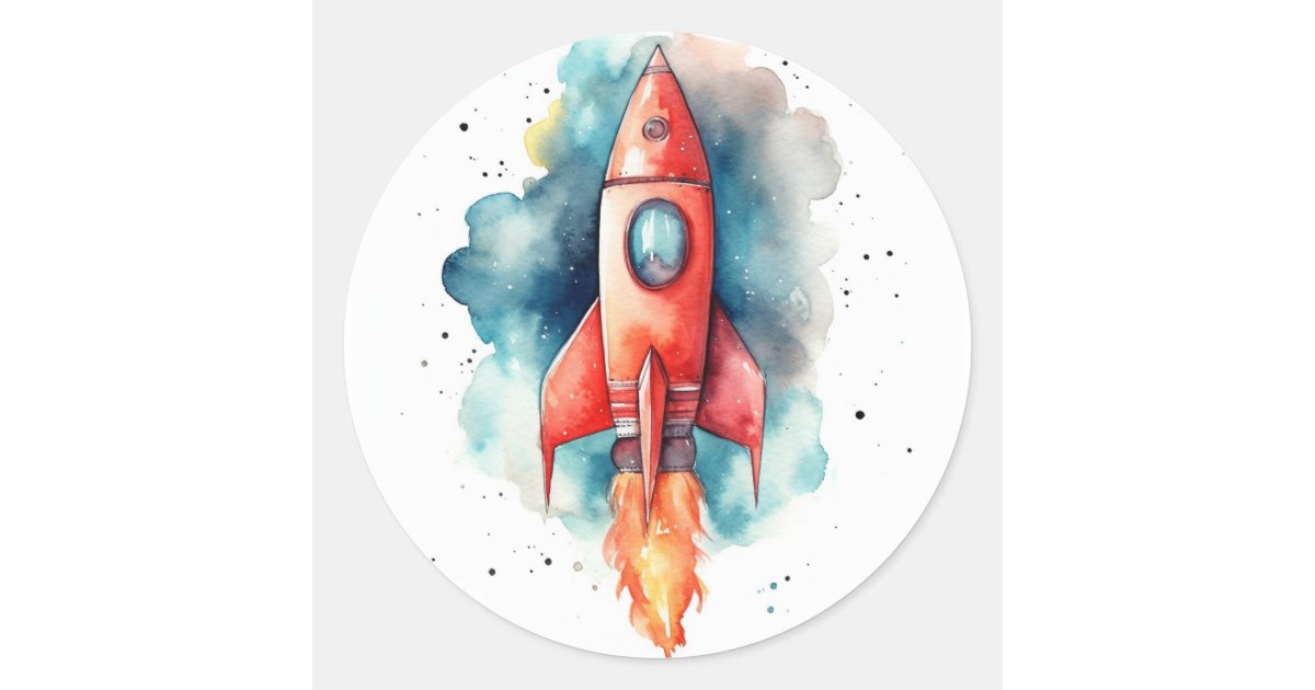Watercolor rocket flying through stars classic round sticker | Zazzle
