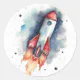 Watercolor Rocketship flying through the stars Classic Round Sticker ...