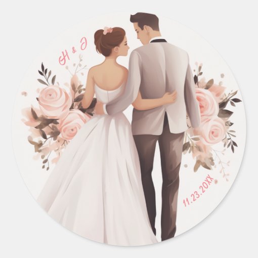 Watercolor Romantic Couple Wedding Classic Round Sticker | Zazzle