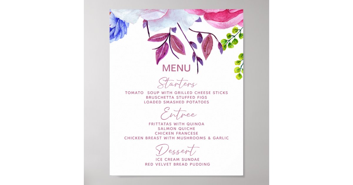 Watercolor Romantic Floral Wedding Menu Table Sign | Zazzle