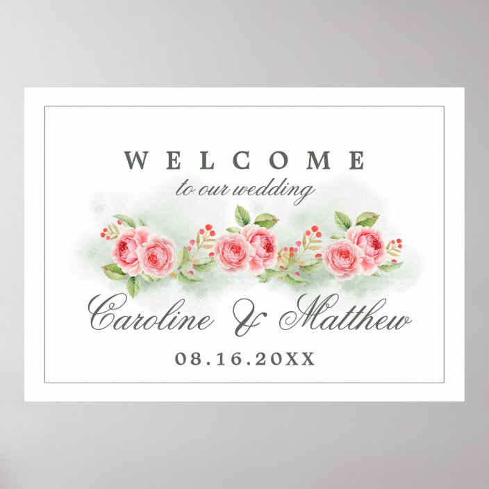 Watercolor Romantic Roses Wedding Welcome Sign | Zazzle.com