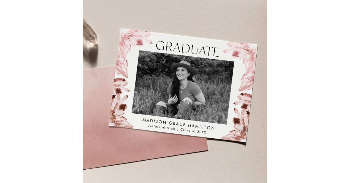 Watercolor Rose Quartz Crystals Photo Graduation Announcement | Zazzle