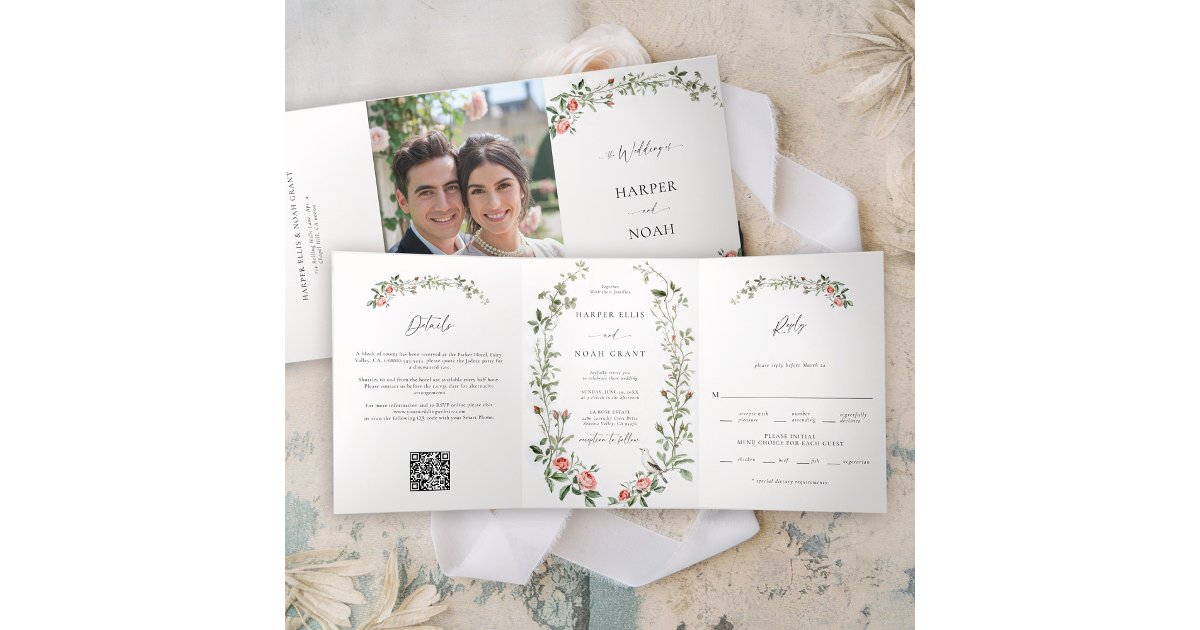 Watercolor Rose Vines Bird Chic All in One Wedding Tri-Fold Invitation ...