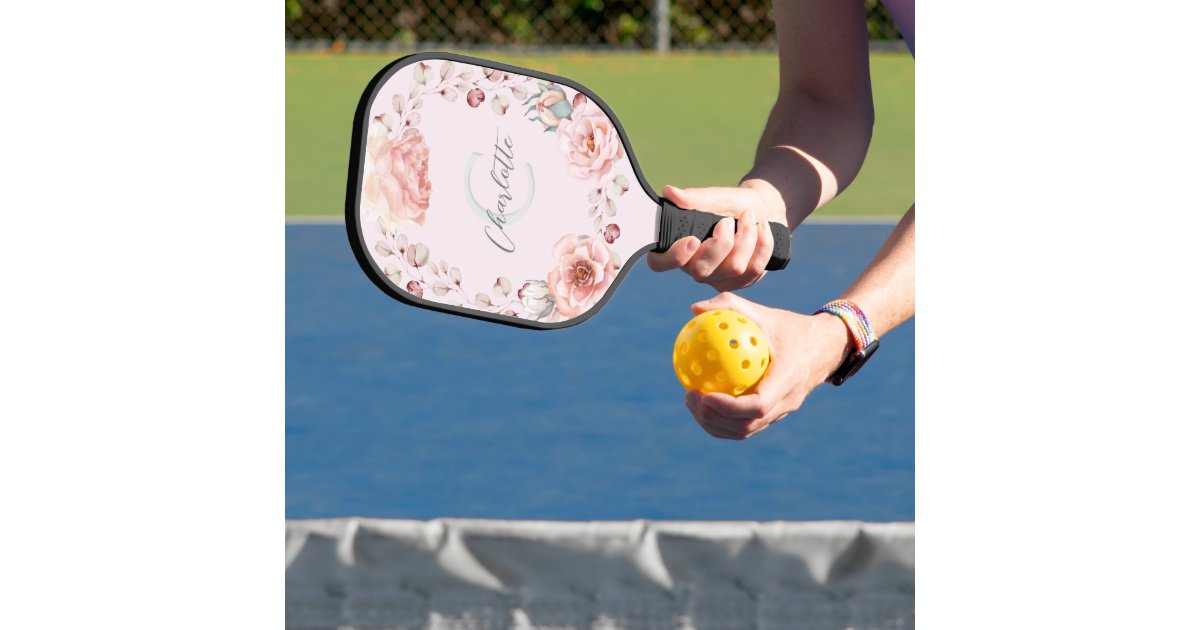 Watercolor Rose Wreath Personalized | Pink Pickleball Paddle | Zazzle