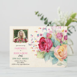 Watercolor Roses FAREWELL PHOTO Invitation Pink | Zazzle