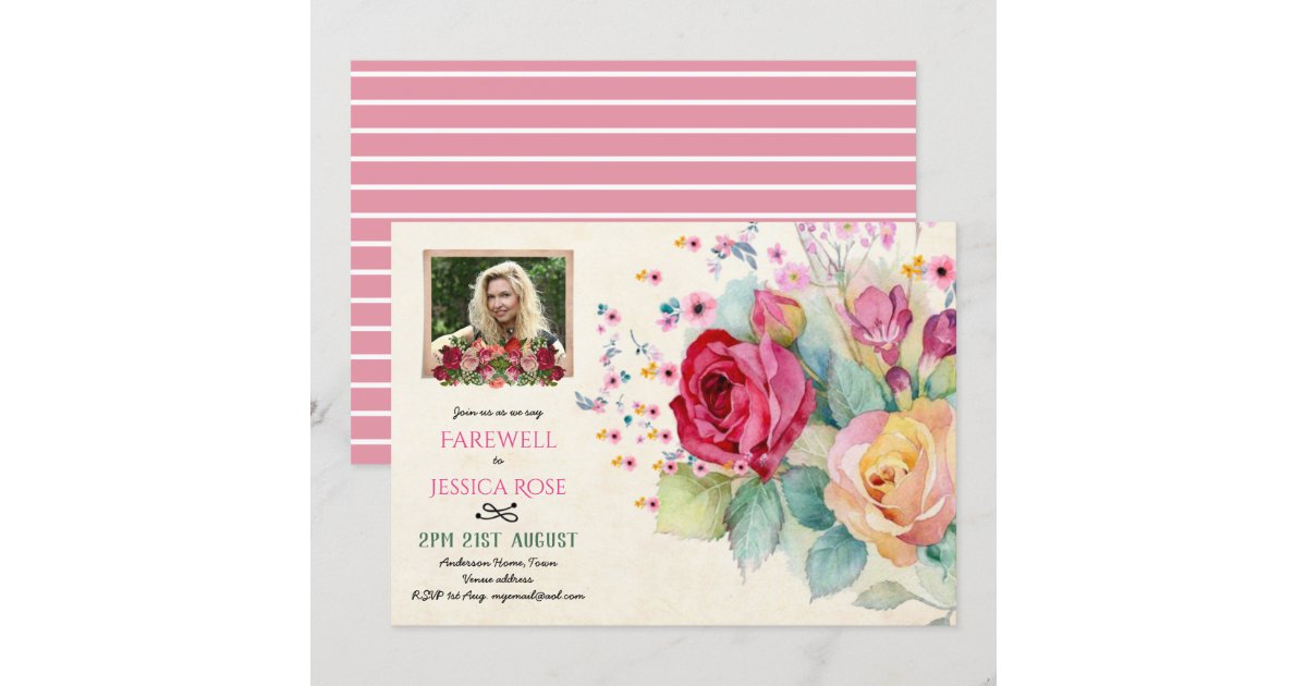 Watercolor Roses FAREWELL PHOTO Invitation Pink | Zazzle