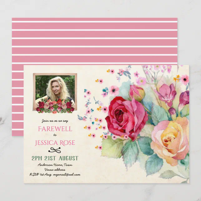 Watercolor Roses FAREWELL PHOTO Invitation Pink | Zazzle