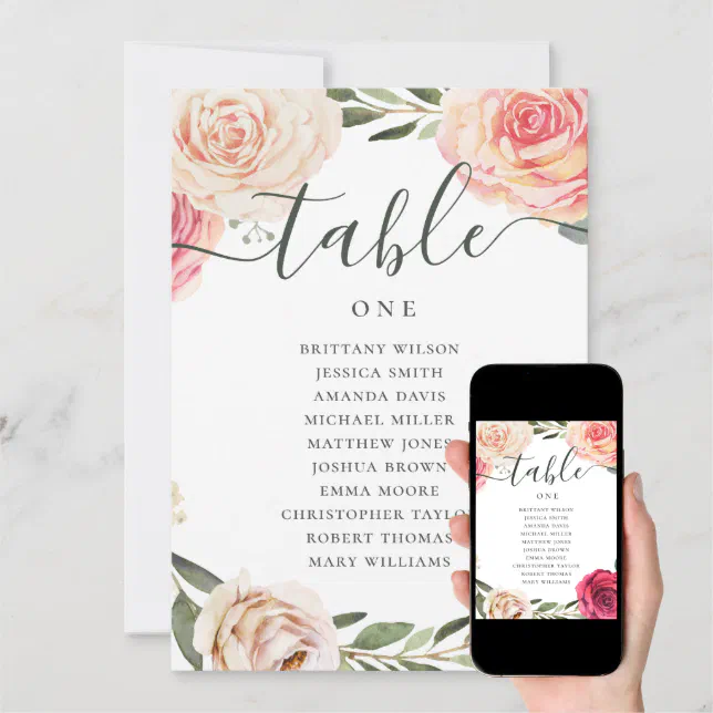 Watercolor roses. Floral wedding seating chart Invitation | Zazzle