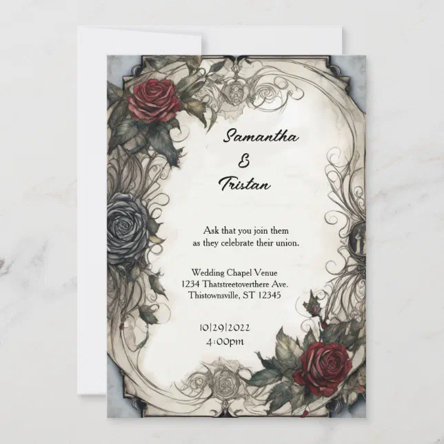 Watercolor Roses Parchment Goth Wedding Invitation | Zazzle