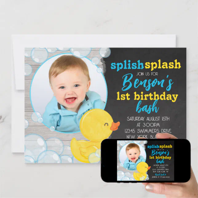 Watercolor Rubber Duck Chalkboard Photo Birthday Invitation | Zazzle
