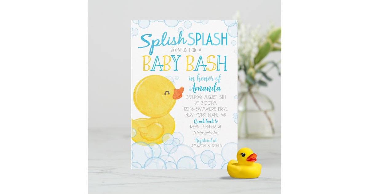 Watercolor Rubber Duck Splish Splash Baby Shower Invitation | Zazzle
