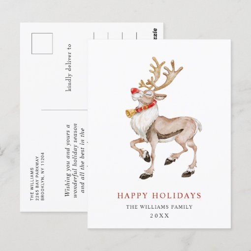 Watercolor Rudolf Reindeer Merry Christmas Holiday Postcard | Zazzle