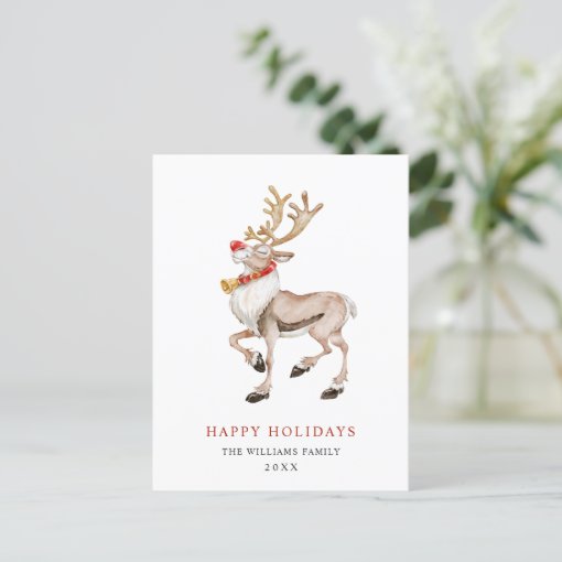 Watercolor Rudolf Reindeer Merry Christmas Holiday Postcard | Zazzle