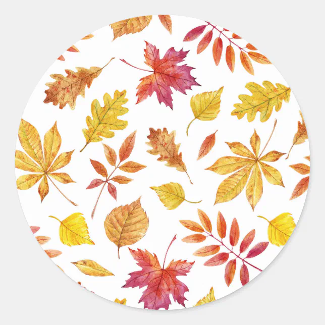 Watercolor Rustic Autumn Leaves Pattern Classic Round Sticker | Zazzle